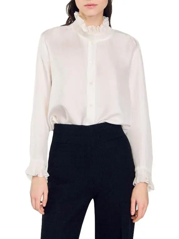 Sandro Silk Shirt With Gathered Collar - Ecru