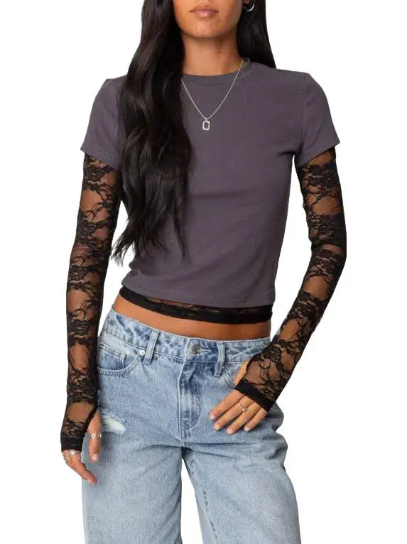 EDIKTED Layered Lace Long Sleeve T-shirt - Gray