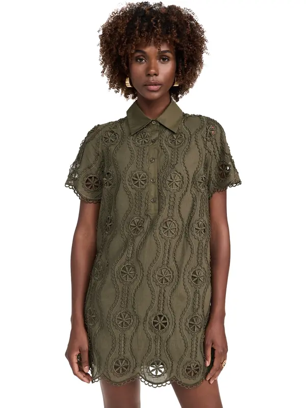 English Factory Scallop Embroidered Mini Dress - Olive