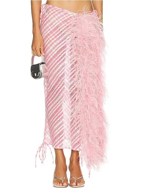 MILKWHITE Midi Skirt With Sequined Flowers And Ostrich Feathers - Pink