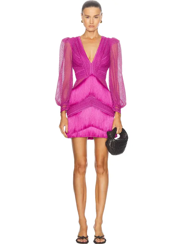PatBO Long Sleeve Fringe Mini Dress - Cerise