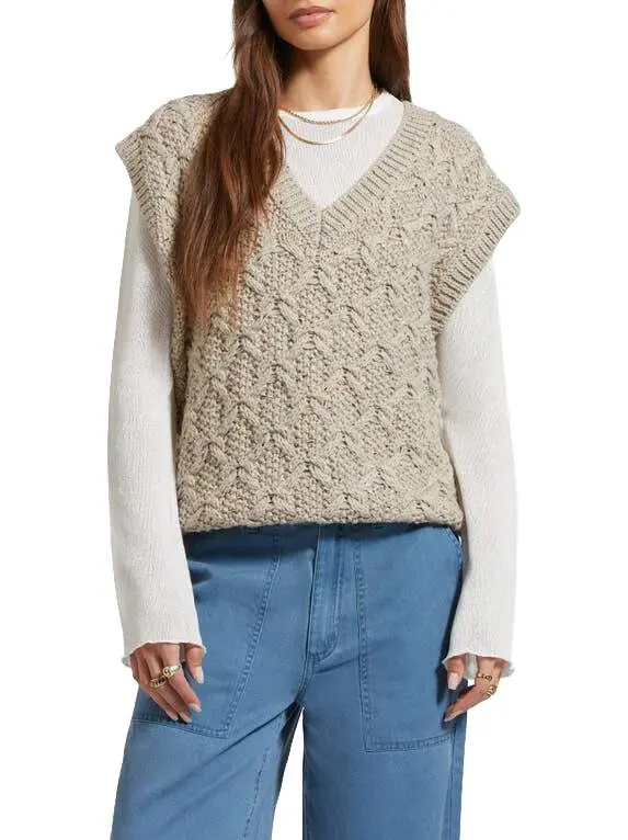Brixton Lafayette Oversized Cable Knit Sweater Vest - Marled Beige