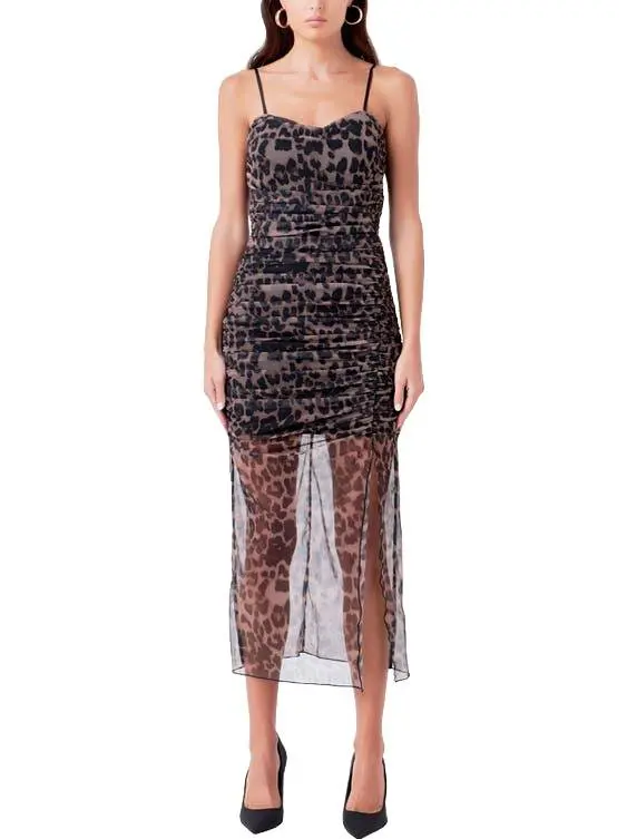 Endless Rose Ruched Mesh Midi Dress - Leopard