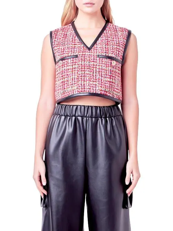 English Factory Faux Leather Trim Tweed Vest - Red Multi