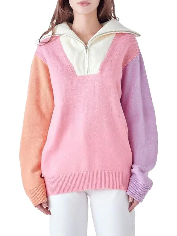 English Factory Colorblock Half Zip Sweater - Pink Multi