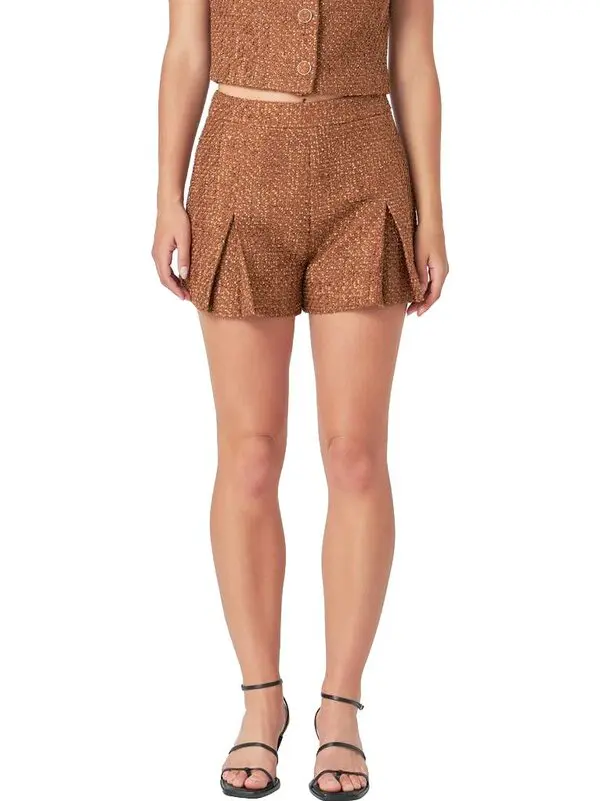 Endless Rose Pleated Tweed Shorts - Camel