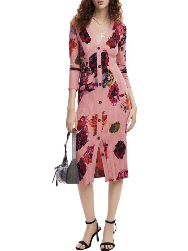Desigual Floral Print Ribbed Sweater Dress - Pink/red