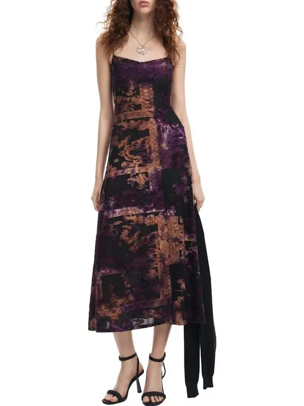 Desigual Rosy Velvet Jacquard Dress With Pullover Sweater - Purple/ Black Mix