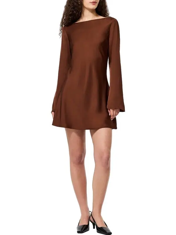 French Connection Ennis Long Sleeve Satin Minidress - 23-chocolate