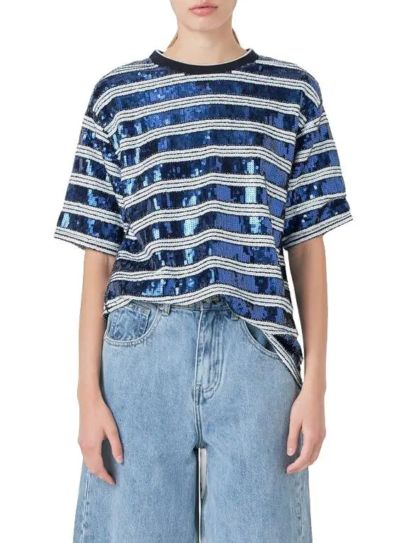GREY LAB Sequin Stripe Longline Top - White/ Navy
