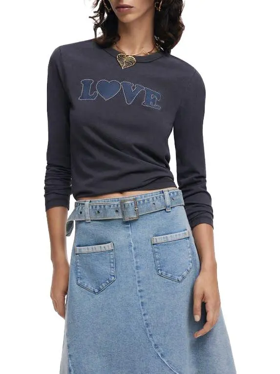 Desigual Carla Rhinestone Embellished Graphic T-shirt - Black