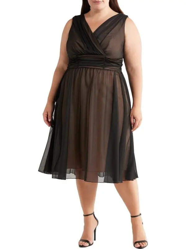 CONNECTED APPAREL Chiffon Midi Cocktail Dress - Black/gold