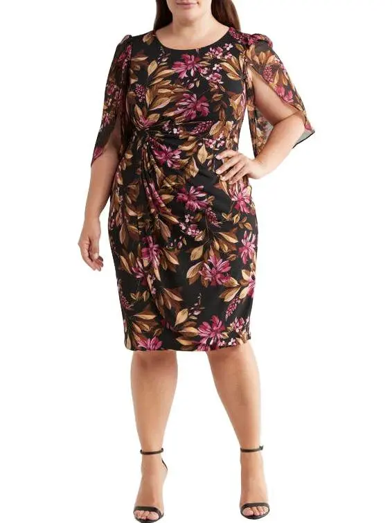 CONNECTED APPAREL Floral Chiffon Sleeve Faux Wrap Dress - Merlot