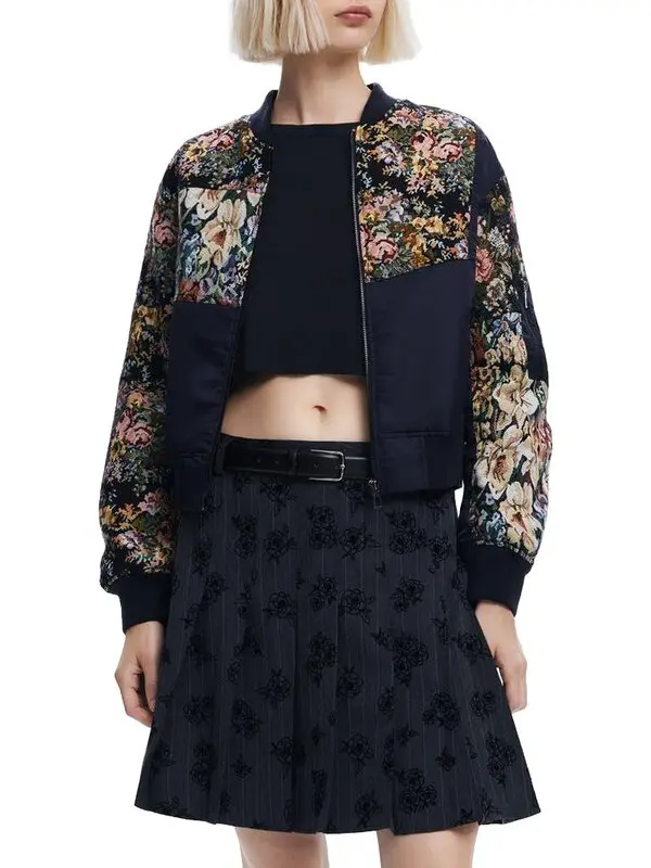 Desigual Rotterdam Jacquard Mixed Media Bomber Jacket - Black