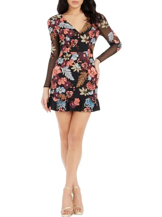 Dress The Population Kelsey Embroidered Mini Dress - Canyon Clay Multi Black