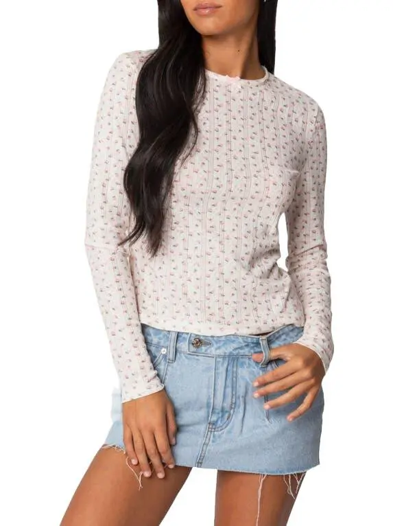 EDIKTED Emery Floral Print Pointelle Top - Cream