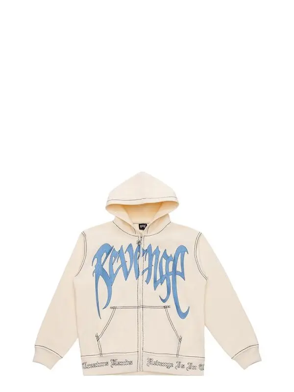 REVENGE Embroidered Zip-up Hoodie - Cream/blue