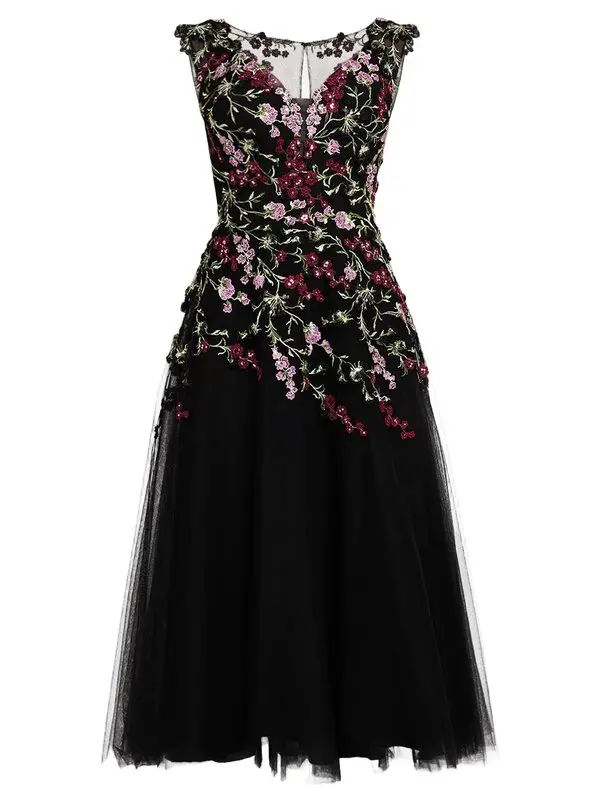 Rickie Freeman For Teri Jon Sequin Embroidered Tulle Midi Dress - Black Mult