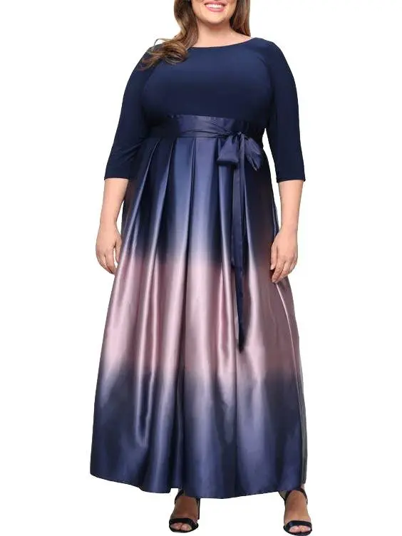 SL FASHIONS Three-quarter Sleeve Ombré Gown - Navy/mauve