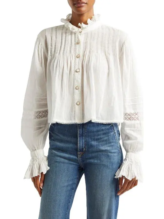 Farm Rio Pleated Lace Trim Button Up Top - Off-white