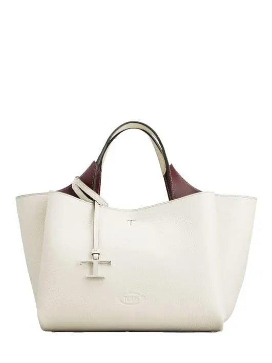 TOD'S Mini Leather Tote - Bianco Calce/ Bordeaux