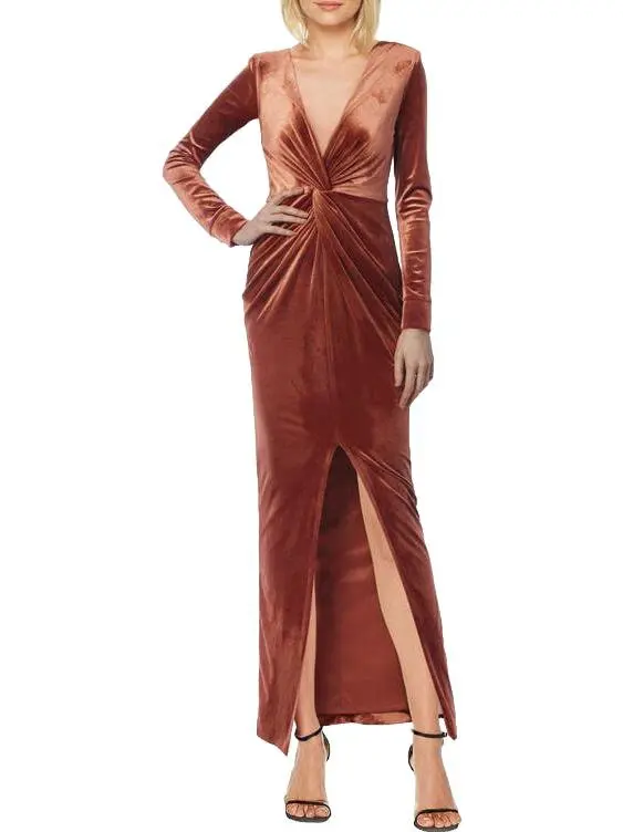 Badgley Mischka Twist Detail Long Sleeve Stretch Velvet Gown - Burnt Orange