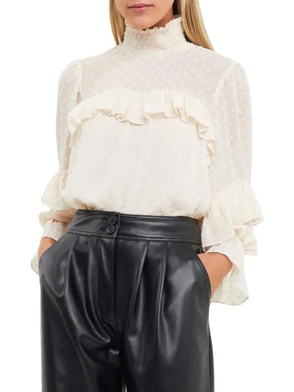 English Factory Swiss Dot Ruffle Chiffon Top - Ivory