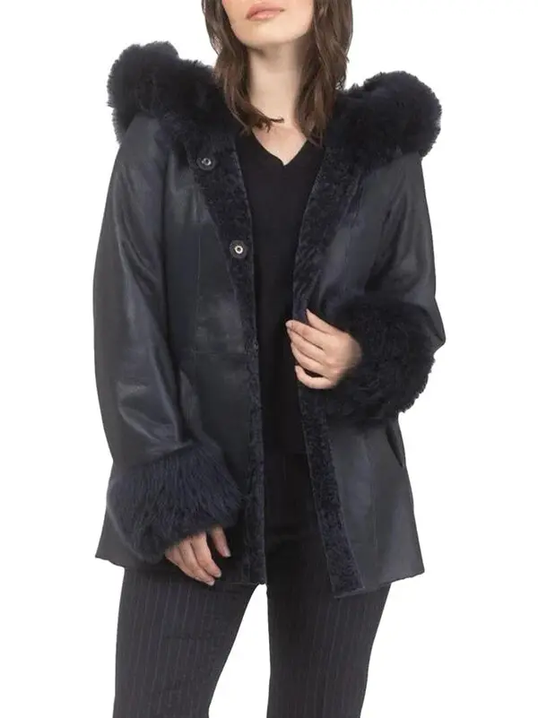 Gorski Belted Lamb Shearling Reversible Parka - Navy