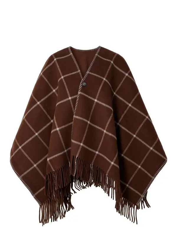 Purdey Welbeck Fringed Whipstitched-trimmed Checked Wool And Cashmere-blend Cape - Brown