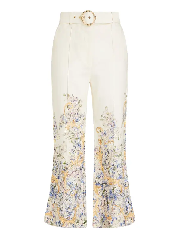 Zimmermann Floral-print Kick-flare Linen Pants With Belt - Ecru
