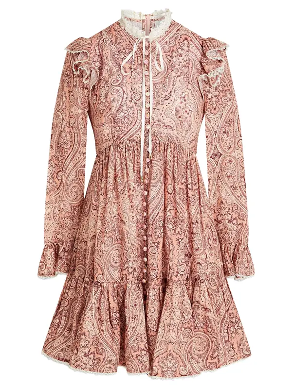 Zimmermann Lace-trimmed Paisley-print Linen Mini Dress - Antique Rose