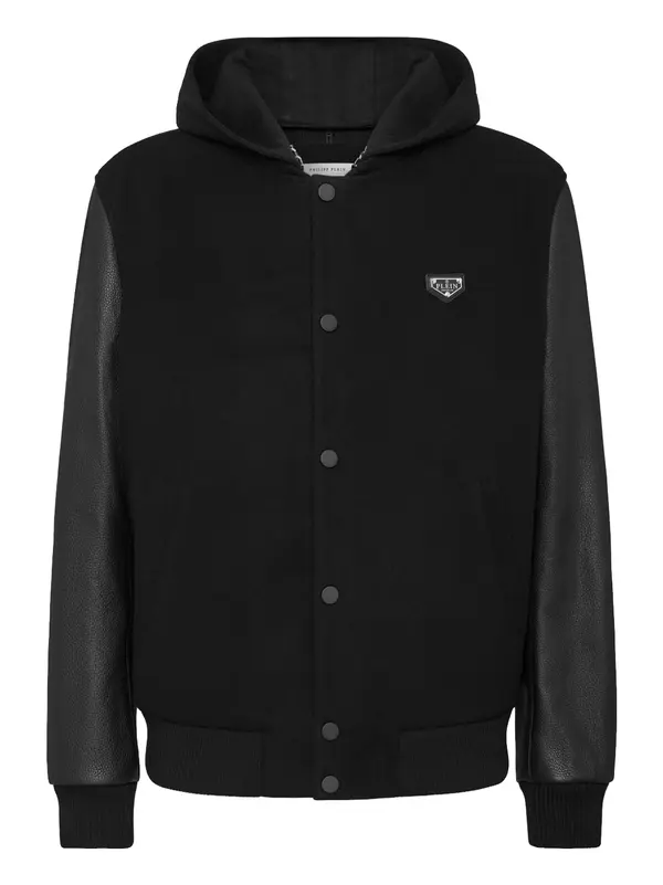 Philipp Plein Leather Sleeves Hooded Bomber Jacket - Black