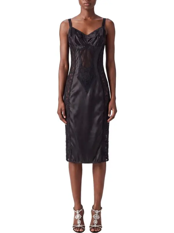 Dolce & Gabbana Satin Midi Slip Dress With Lace Inserts - Black
