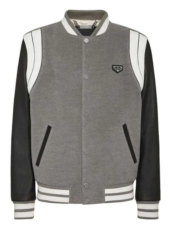 Philipp Plein Leather Sleeves Bomber Jacket - Grey