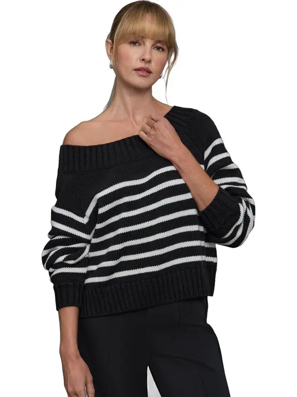 Carbon38 Slouchy Off-the-shoulder Sweater - Black/white Stripe
