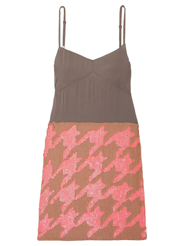 Dries Van Noten Sequin-embellished Houndstooth Crepe De Chine Midi Dress - Brown