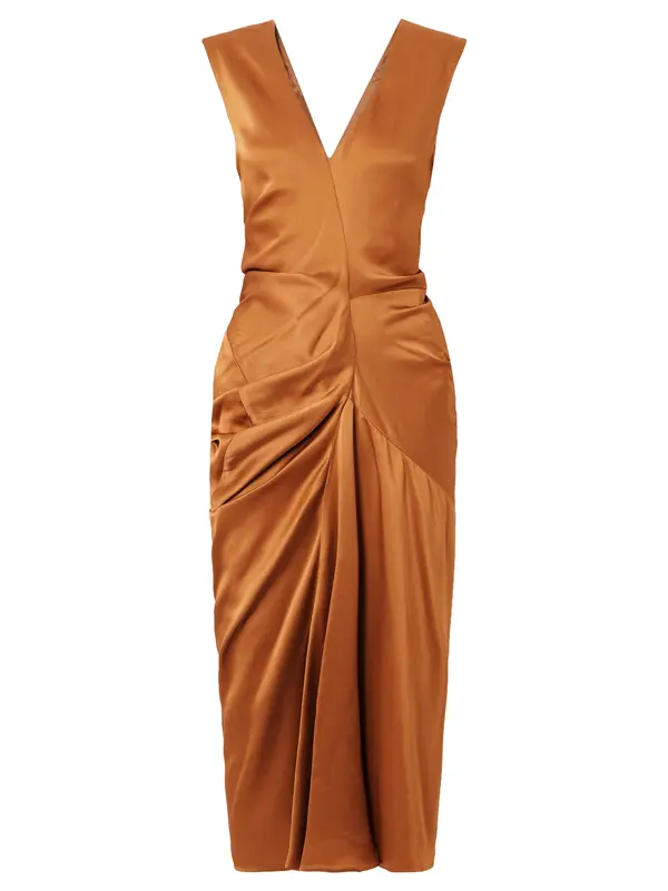 Dries Van Noten Gathered Satin Midi Dress - Orange