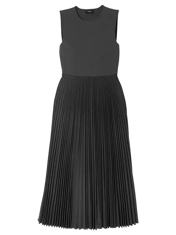 Theory Pleated Stretch-knit And Satin-crepe Midi Dress - Gray