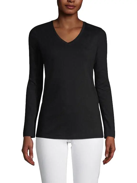 LANDS' END Supima Cotton Long-sleeve V-neck T-shirt - Black