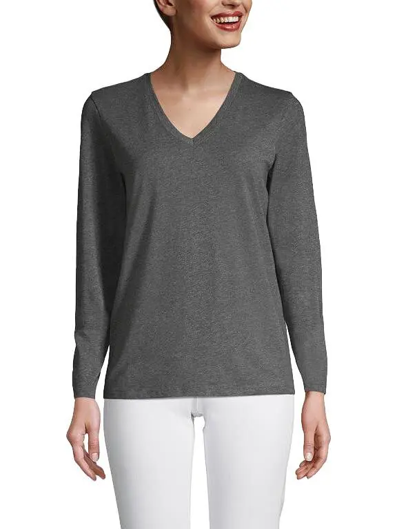 LANDS' END Supima Cotton Long-sleeve V-neck T-shirt - Charcoal Heather