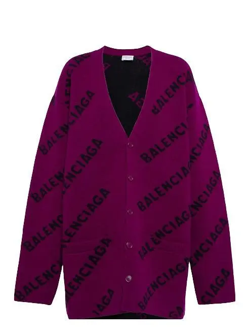 Balenciaga Logo Intarsia Wool Cardigan - Purple
