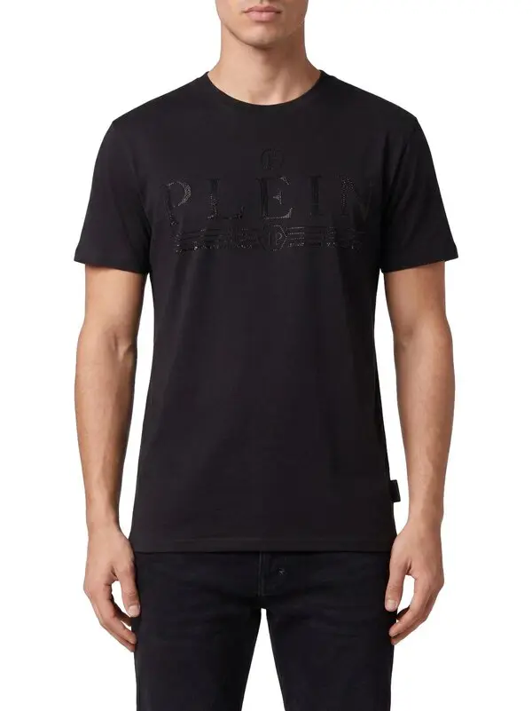 Philipp Plein Cotton Crew Neck T-shirt With Rhinestone Logo Lettering - Black