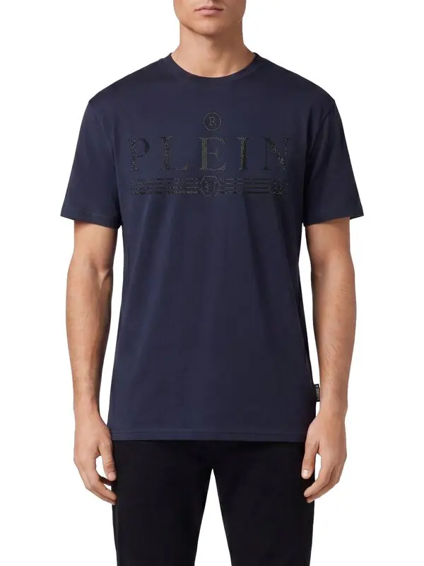 Philipp Plein Cotton Crew Neck T-shirt With Rhinestone Logo Lettering - Blue