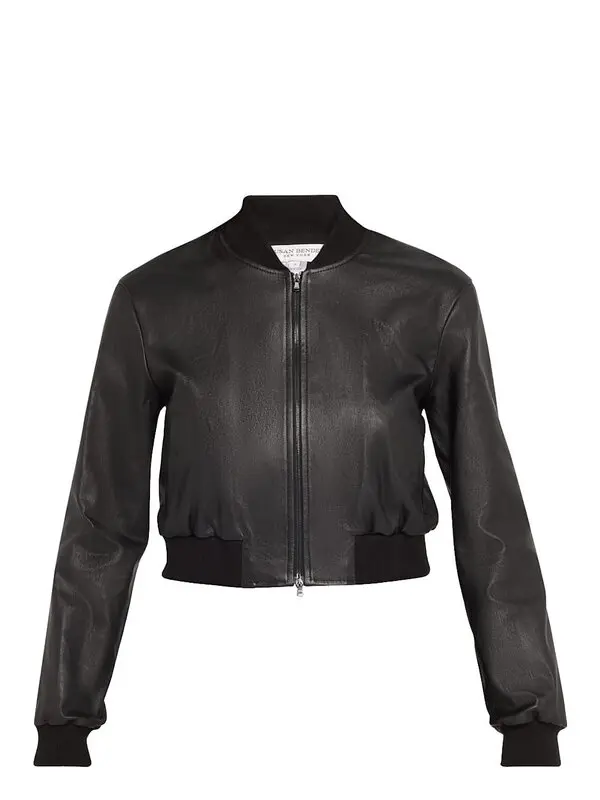 SUSAN BENDER Stretch Lambskin Leather Bomber Jacket - Black