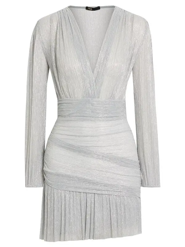 Maje Draped Metallic Plissé Tulle Mini Dress - Silver
