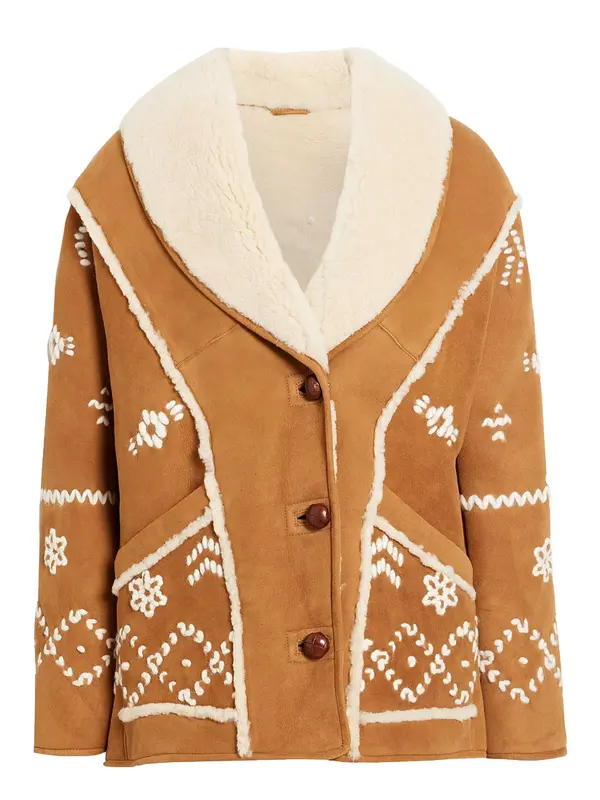 Maje Embroidered Shearling Jacket - Camel