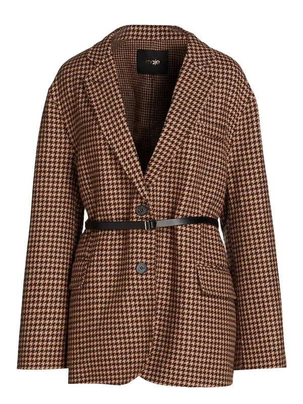 Maje Belted Houndstooth Blazer - Chocolate