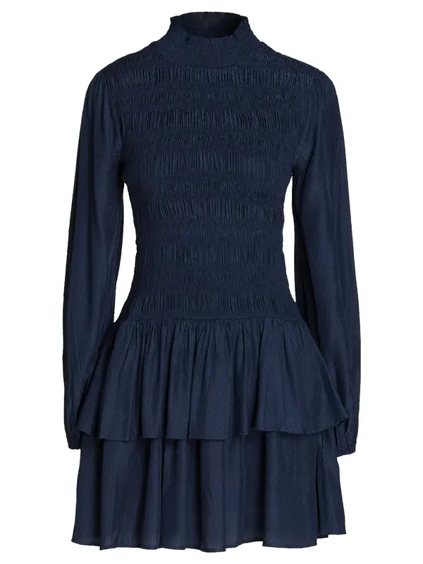 Maje Shirred Ruffled Swiss-dot Mini Dress - Navy