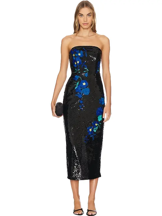 MILLY Floral Sequined Dress - Black & Blue