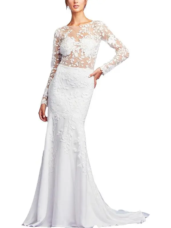 Tadashi Shoji Holden Long-sleeve Illusion Gown - Ivory